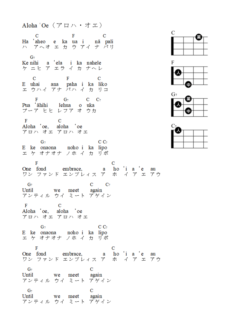 アロハオエのカタカナ歌詞＆ウクレレ用コード | Ukulele Fun